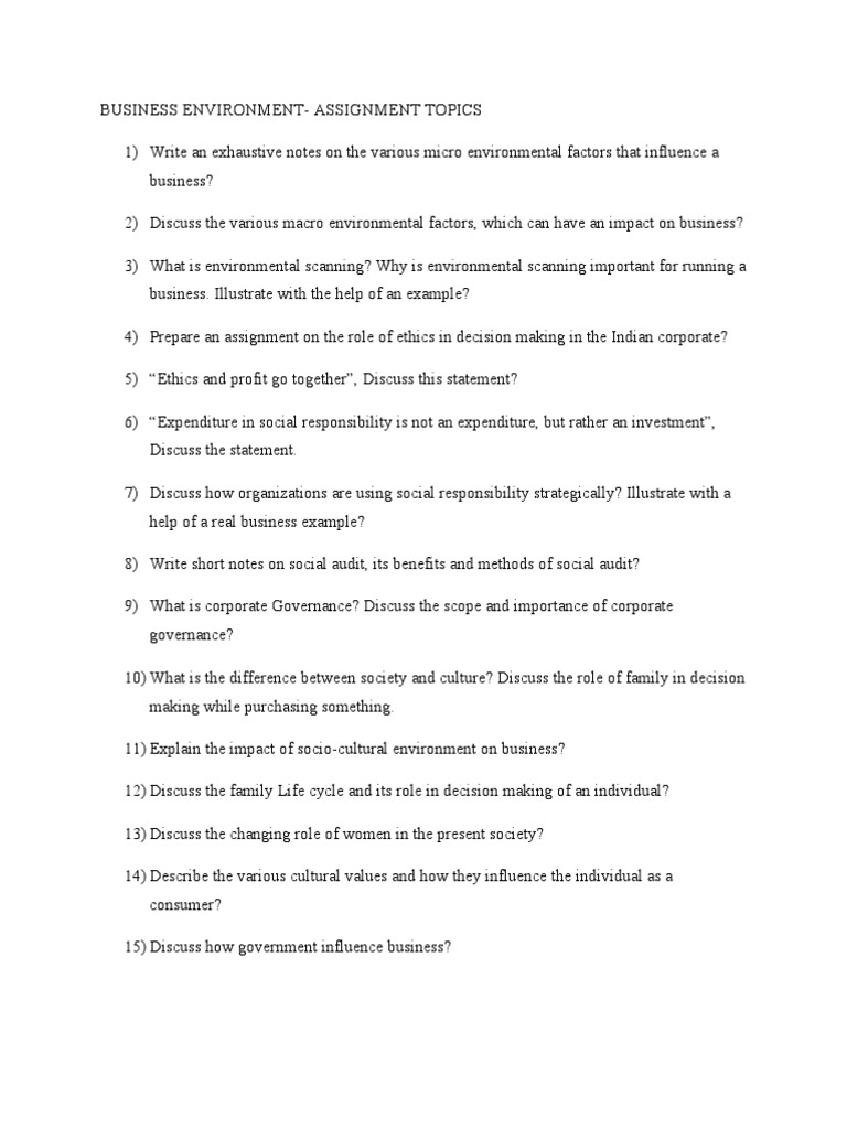 Business Environment Assignment Topics | PDF | Economies | Economics