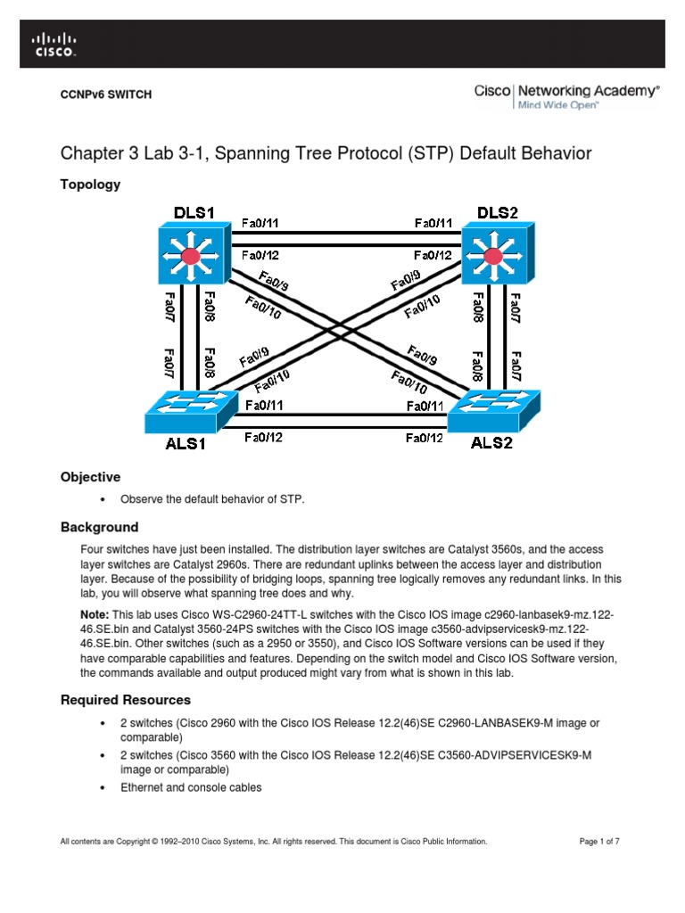 Ccnpv6 Switch Lab3-1 Default STP Student | PDF | Network Switch | Internet Architecture