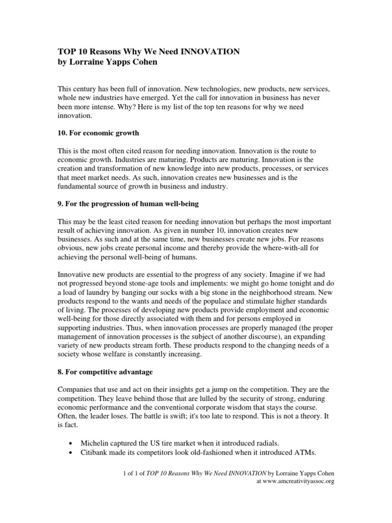 Cohen-TOP 10 Reasons Why We Need INNOVATION | PDF | Innovation | Profit ...