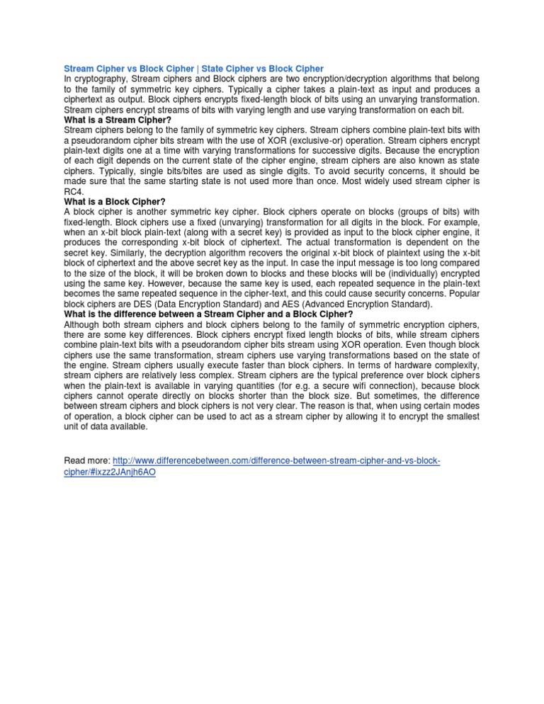 Stream vs Block Cipher Explained | PDF | Cipher | Cryptography