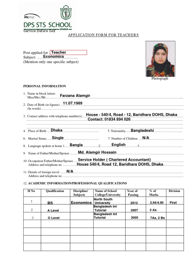 Teacher Application Form Template | PDF | Science | Further Education