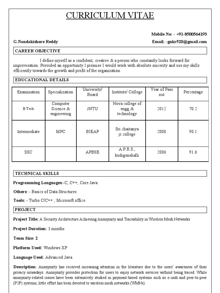 Curriculum Vitae: B.Tech | PDF