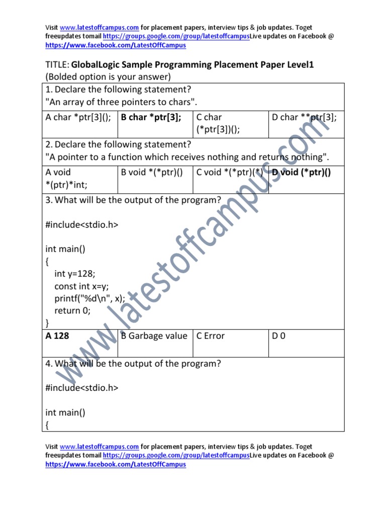 GlobalLogic Sample Programming Placement Paper Level1 | Download Free PDF | Notation | Software