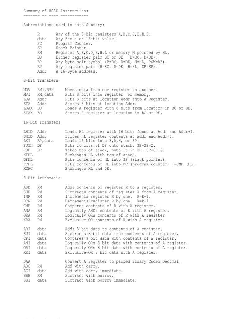 8080 Assembly Language Mnemonics | PDF | Assembly Language | Arithmetic