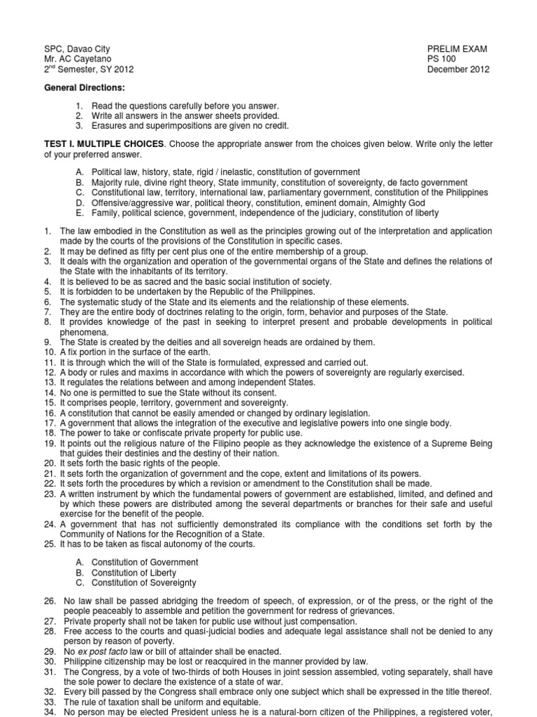 Political Science Test Question | Sovereignty | Constitution