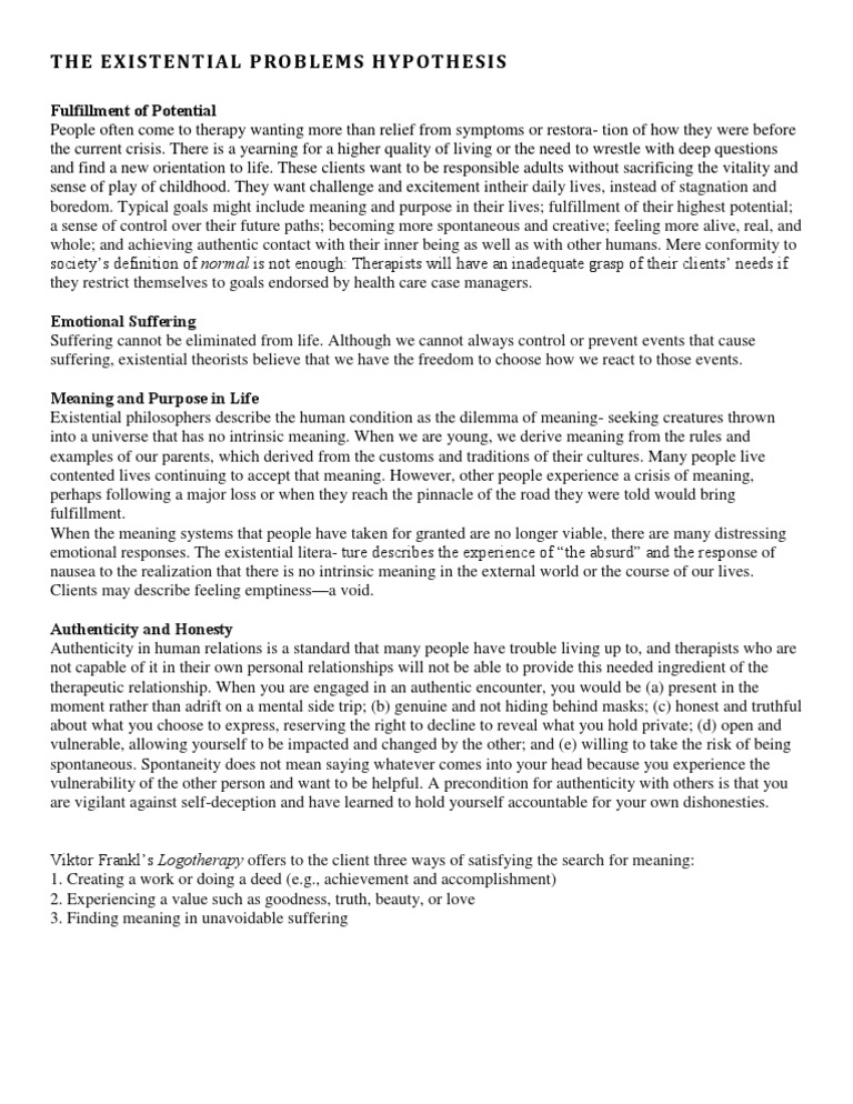 Core Assumptions in Existential Psychotherapy | PDF | Psychotherapy ...