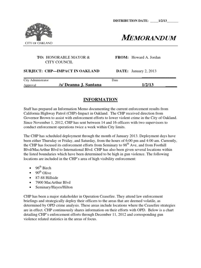 CHP Impact in Oakland - Memo | PDF | California Highway Patrol | Oakland