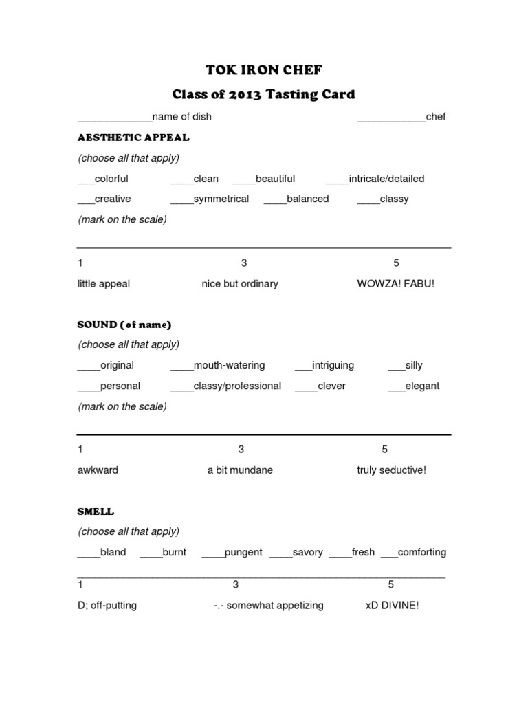 Iron Chef Tasting Card Rubric | PDF