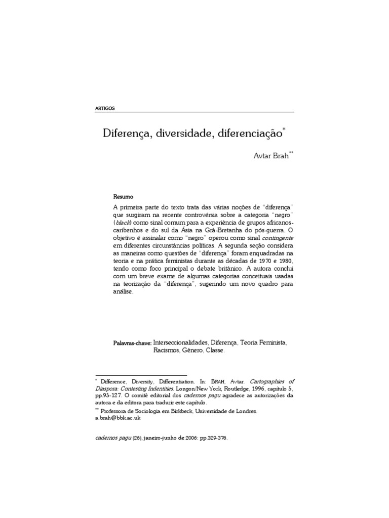 Avtar Brah - Diferenca Diversidade Diferenciacao | PDF | Racismo ...