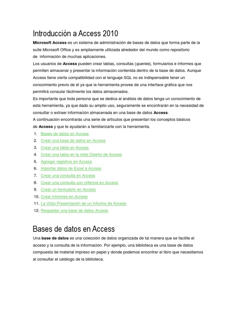 Introducción A Access 2010 | PDF | Tabla (base de datos) | Bases de datos