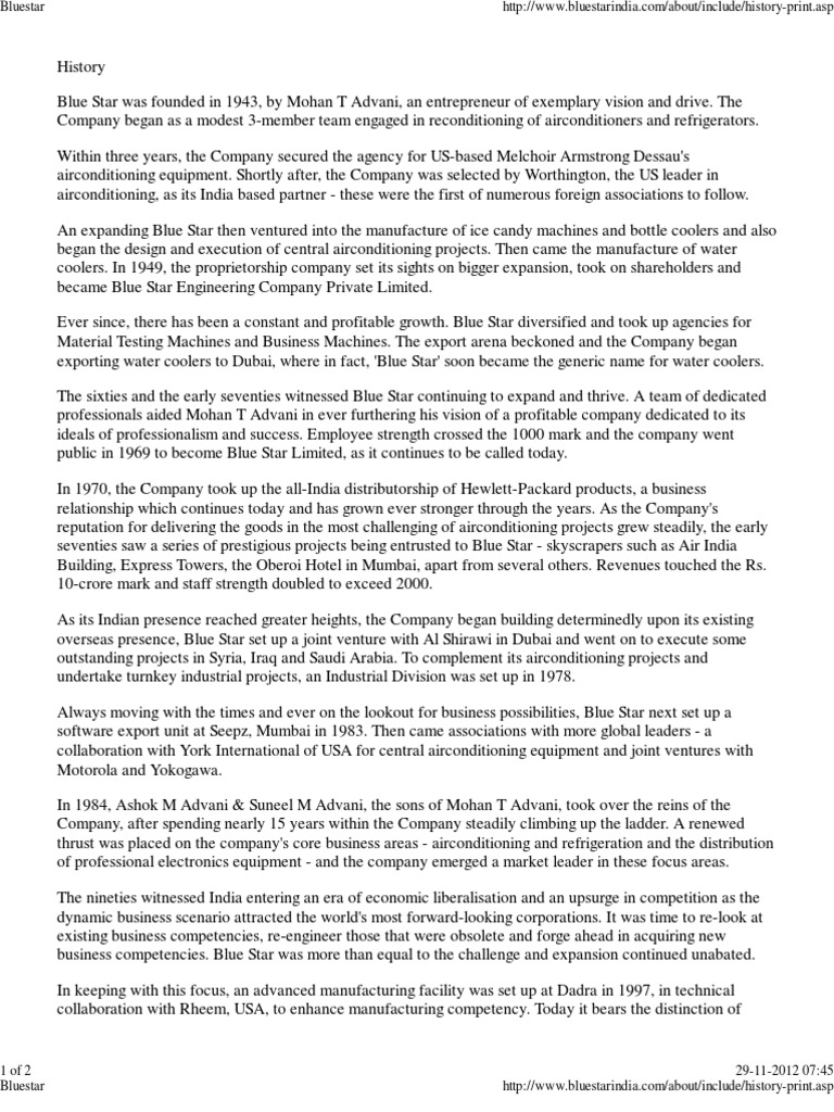 History Of Bluestar Pdf Mergers And Acquisitions Air Conditioning