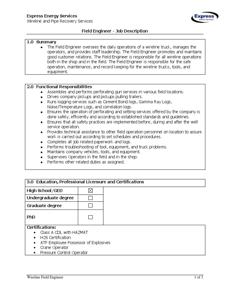 Wireline Field Engineer Job Overview | PDF | Engineer | Safety