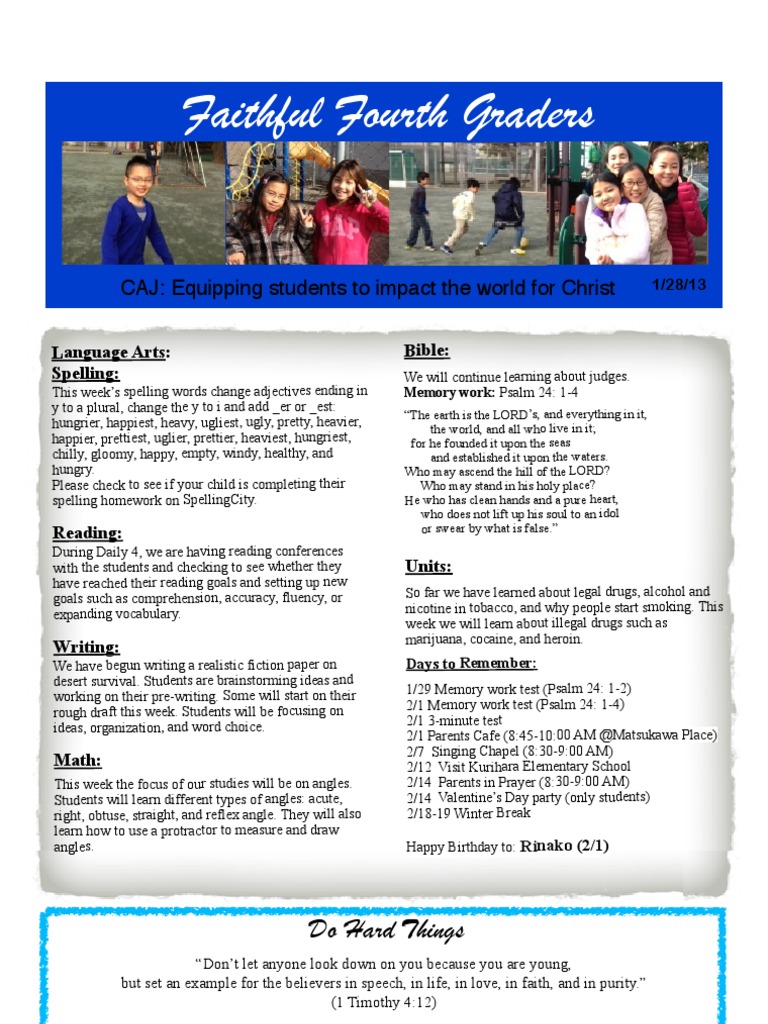 Fourth Grade Weekly Update: Jan 28 | PDF | Wellness