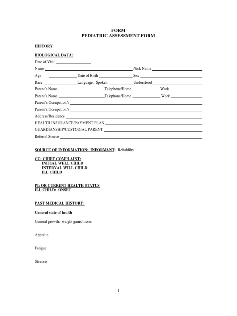 Pediatric Assessment Form Template | PDF | Self-Improvement