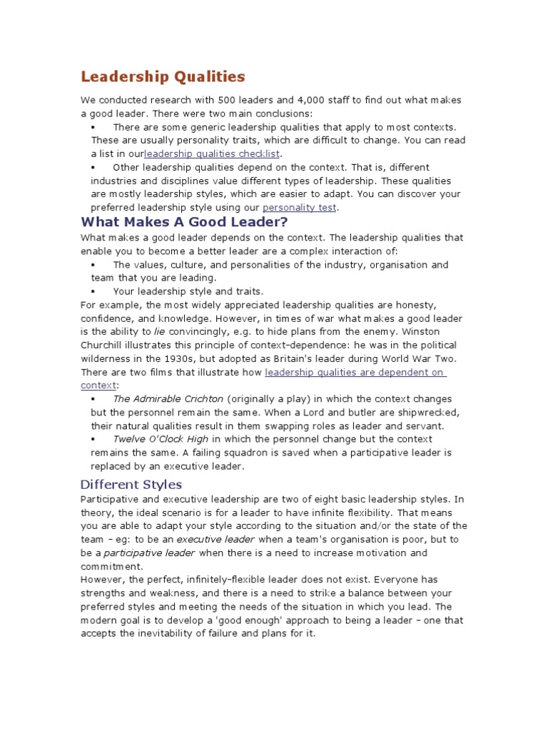 Leadership Qualities: What Makes A Good Leader? | PDF | Action ...