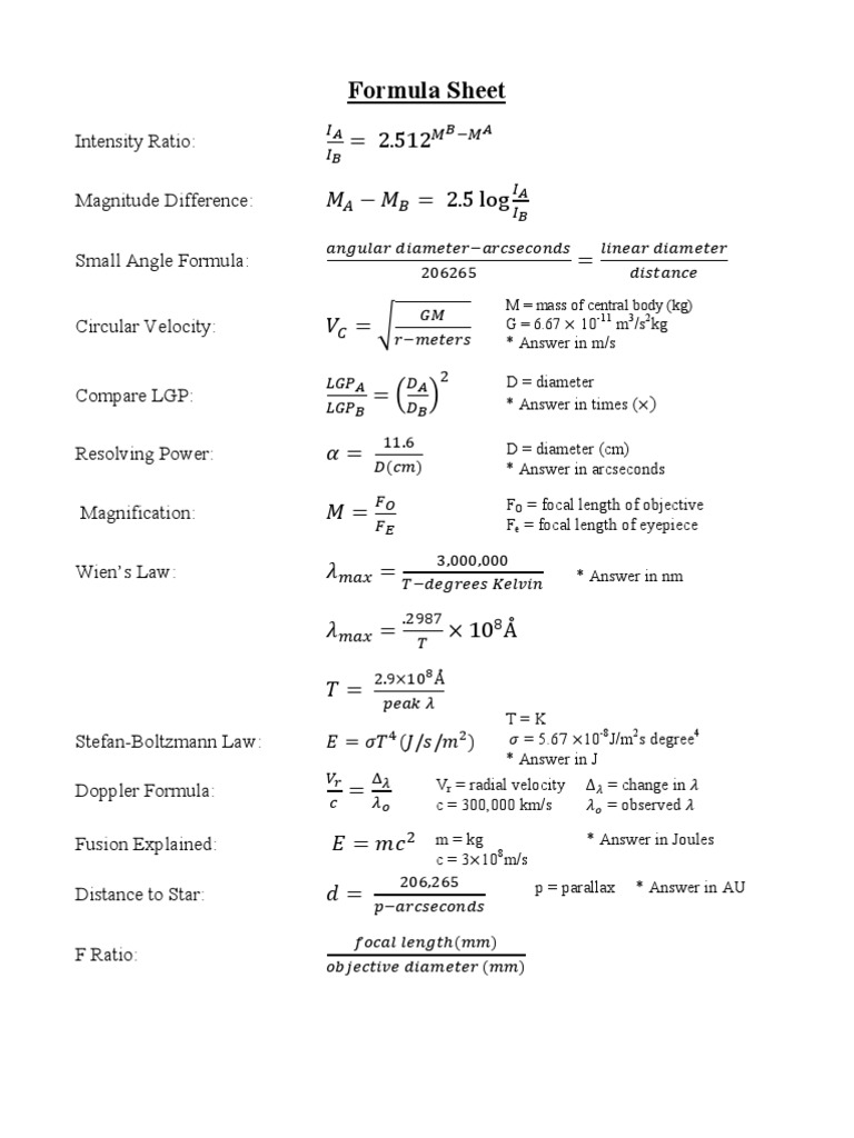 Formula Sheet Astronomy | PDF | Redshift | Stars