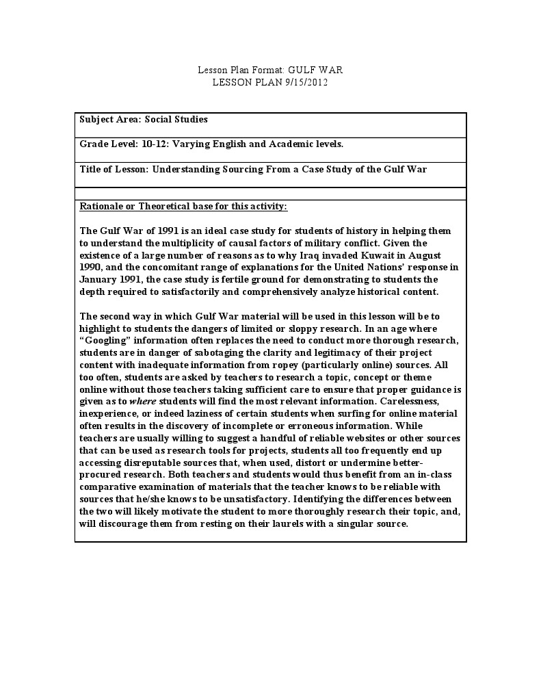 Lesson Plan Format: GULF WAR LESSON PLAN 9/15/2012 | PDF | Gulf War ...