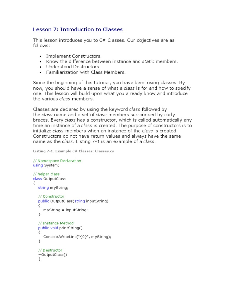 Lesson 7: Introduction To Classes: // Namespace Declaration | PDF ...