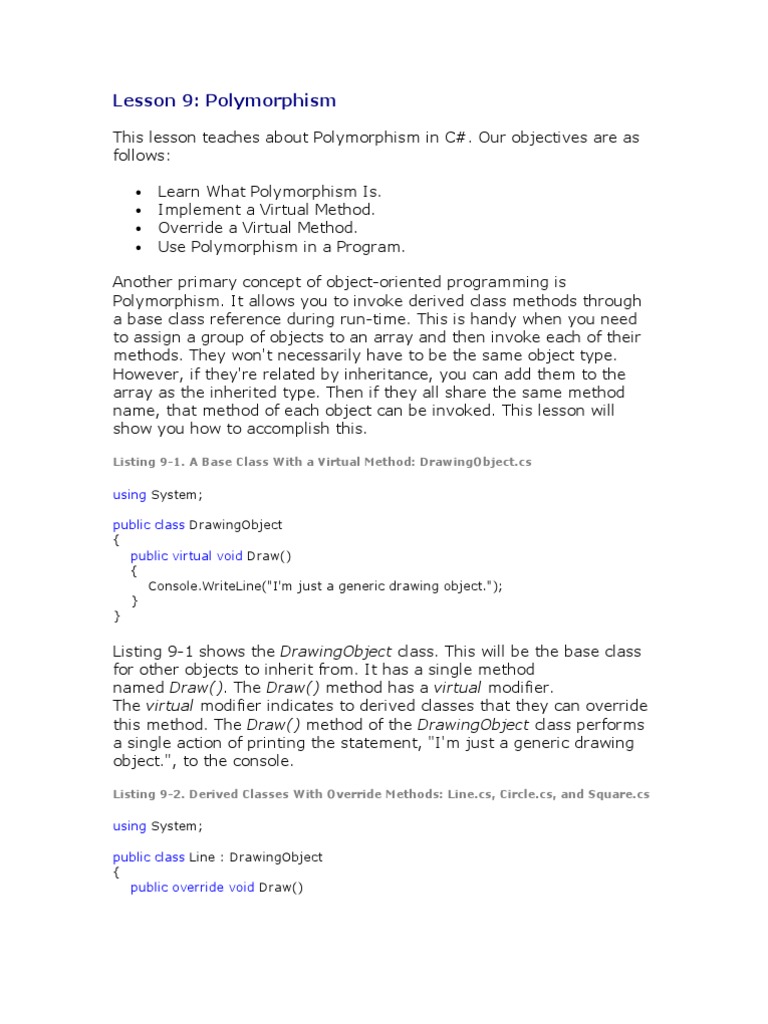 Lesson 9 Polymorphism Using Public Class Public Virtual Void Pdf Inheritance Object