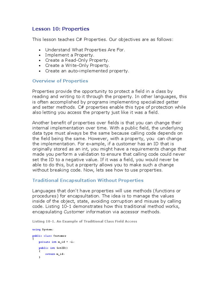 Lesson 10: Properties | PDF | C Sharp (Programming Language) | Class ...