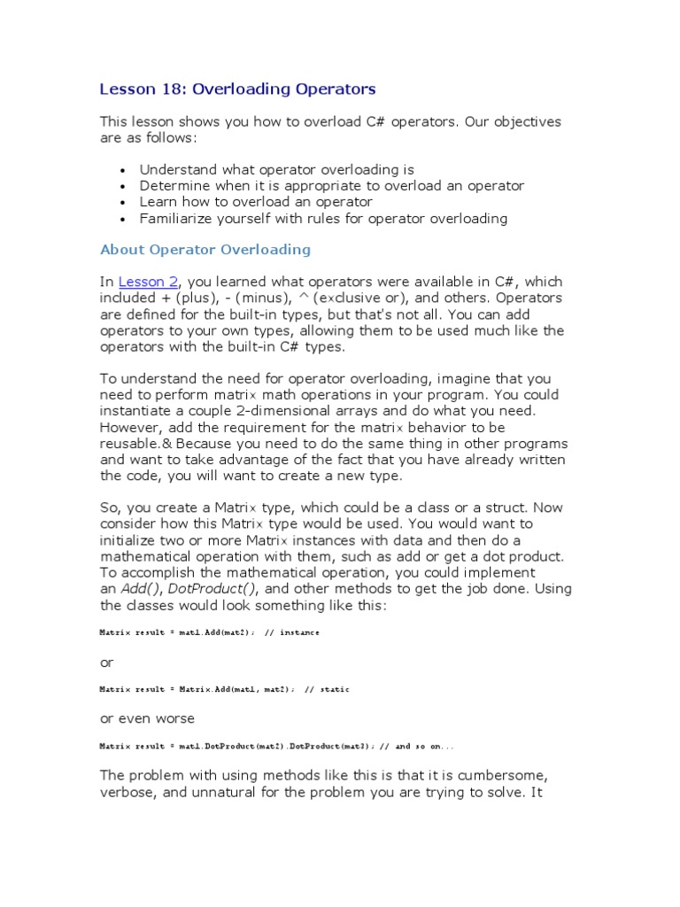 Lesson 18: Overloading Operators | Download Free PDF | Method (Computer ...
