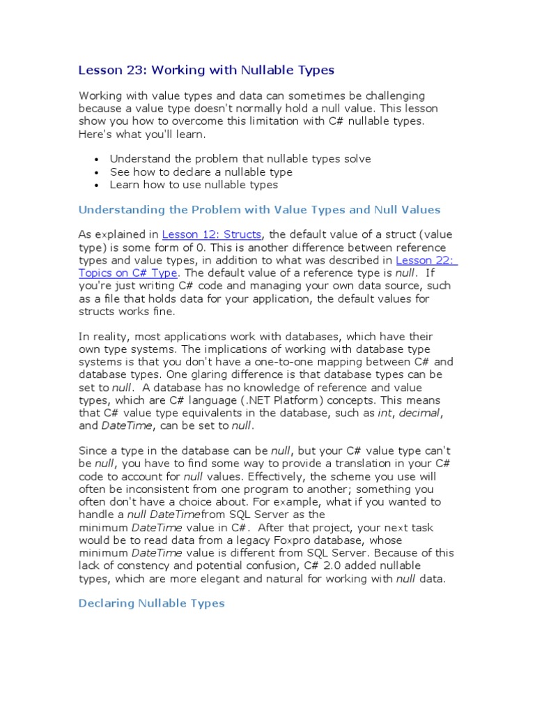 Lesson 23: Working With Nullable Types: Understanding The Problem With Value Types and Null ...