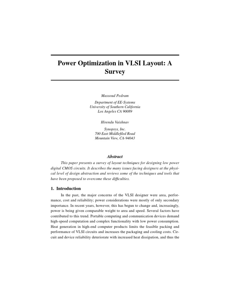Power Optimization In Vlsi Layout A Survey Of Techniques For Designing
