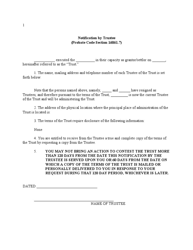 California Trustee Notification Pursuant To Probate Code Section 16061. ...