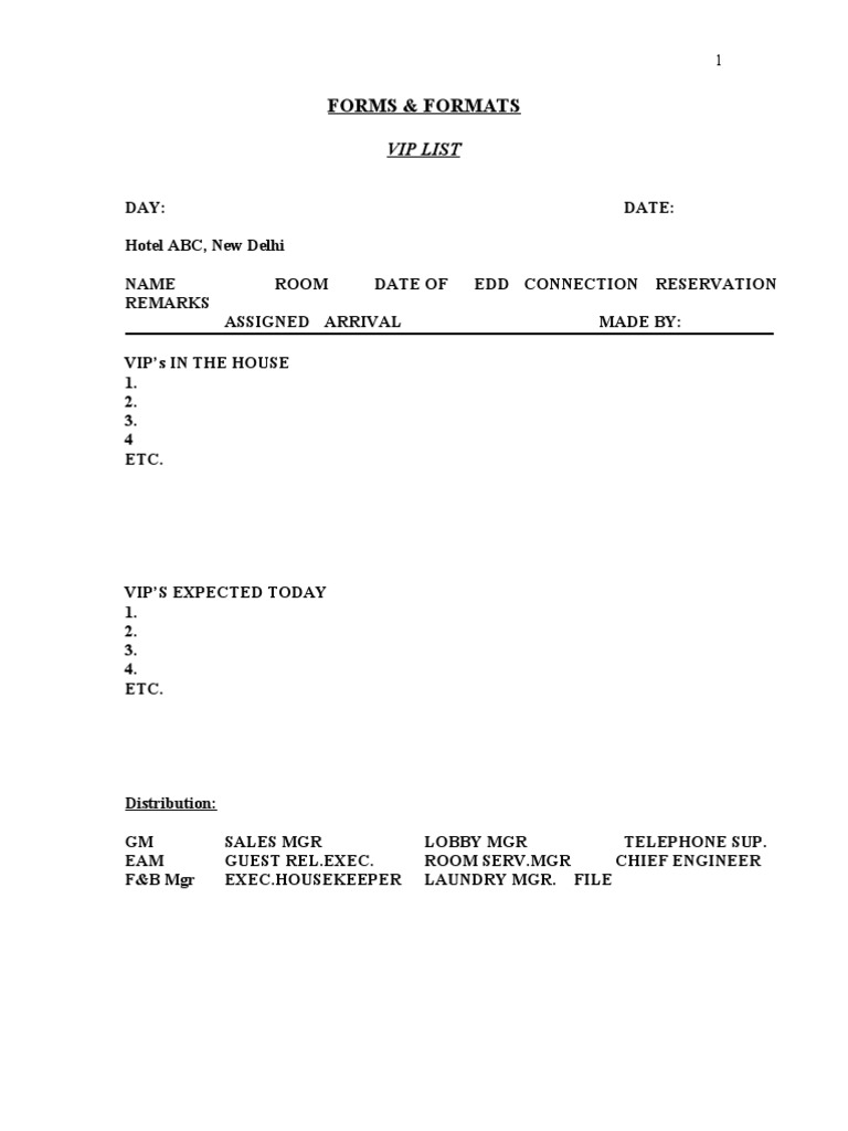 Forms & Formats: Vip List | PDF | Service Industries | Hotel And ...