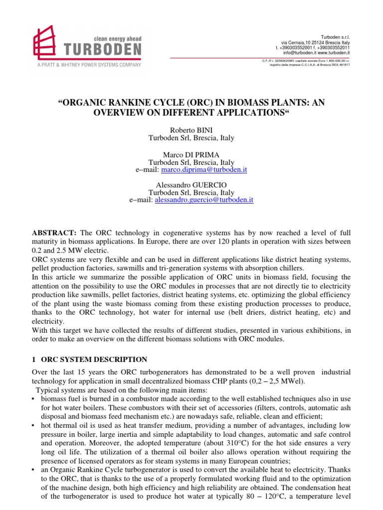 Turboden - ORC in Biomass Plants Overview | PDF | Cogeneration | Biomass