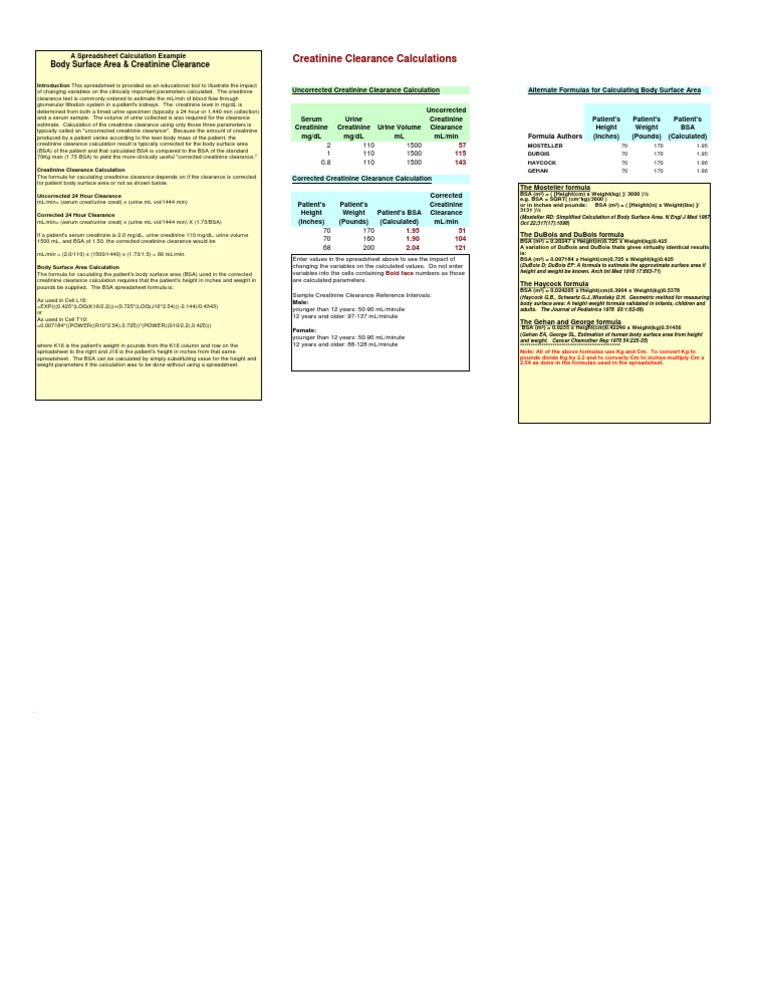 BSA Creat Clearance Calculation Original | PDF | Renal Function ...