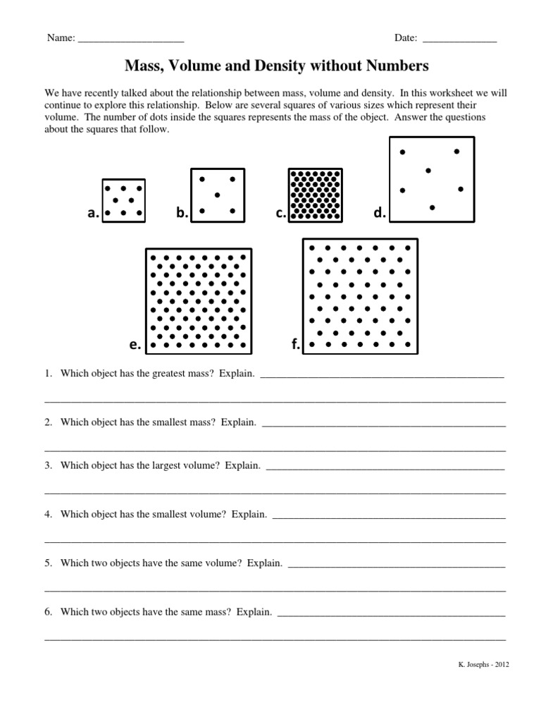 Mass, Volume, and Density Worksheet | PDF | Density | Volume