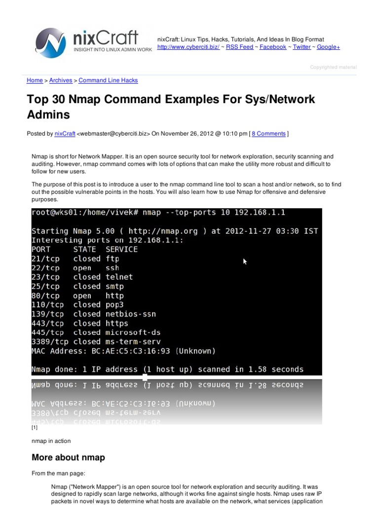 Top 30 Nmap Command Examples | PDF | Transmission Control Protocol | Port (Computer Networking)