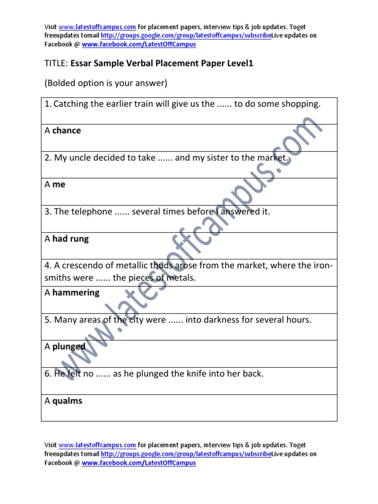 Essar Sample Verbal Placement Paper Level1 | PDF