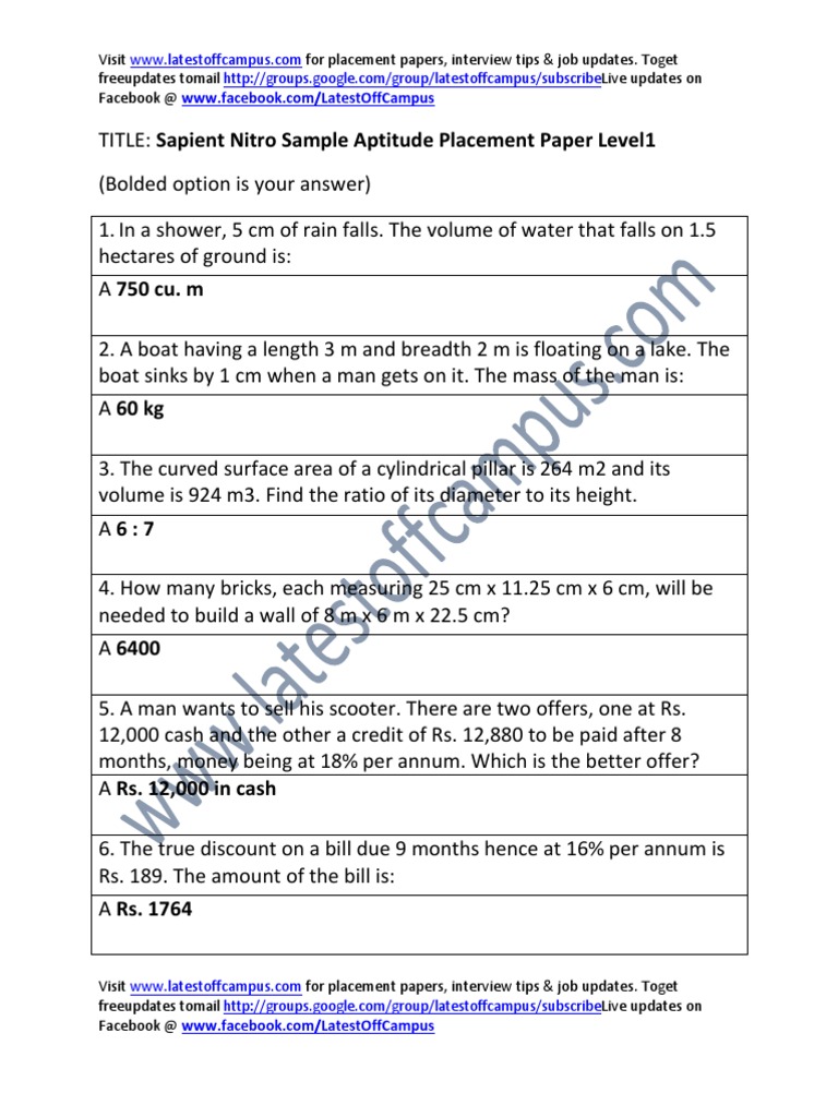Sapient Nitro Sample Aptitude Placement Paper Level1 | PDF | Speed | Stocks