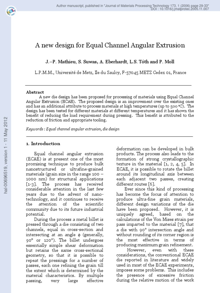 A New Design For Equal Channel Angular Extrusion: J.-P. Mathieu, S ...