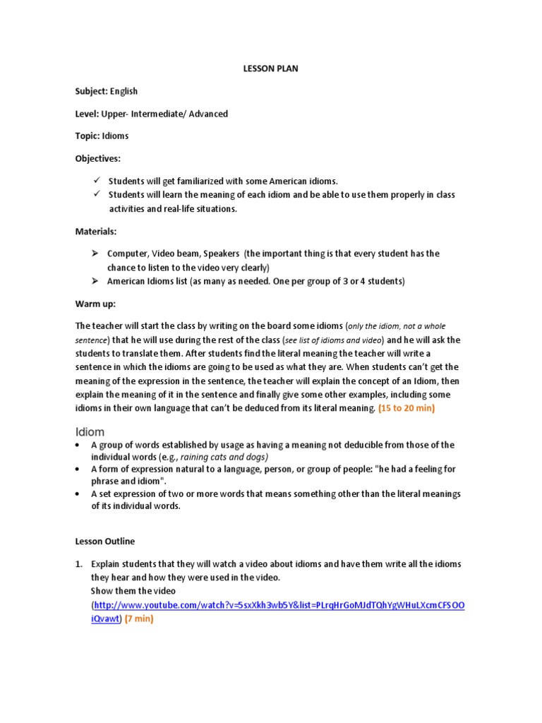 Lesson Plan Subject: English Level: Upper-Intermediate/ Advanced Topic ...