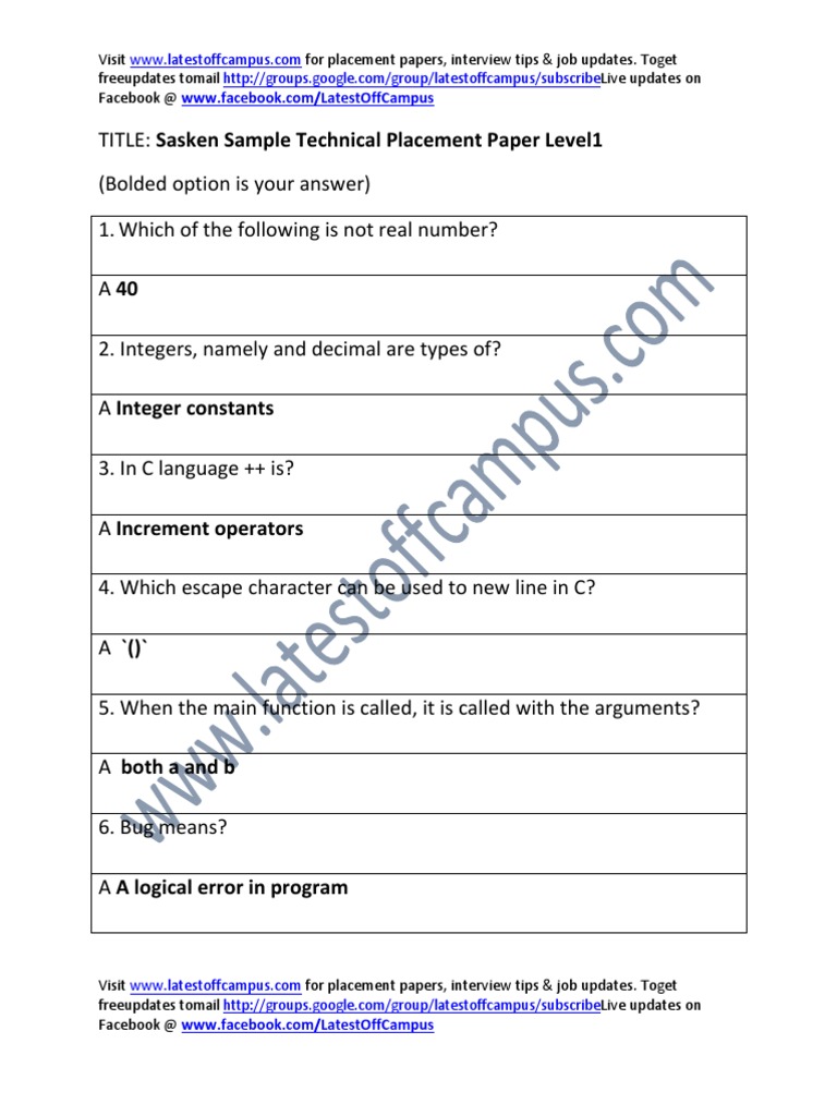 Sasken Sample Technical Placement Paper Level1 | PDF | Databases | C++