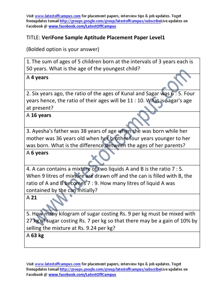 VeriFone Sample Aptitude Placement Paper Level1 | PDF | Speed | Teaching Mathematics