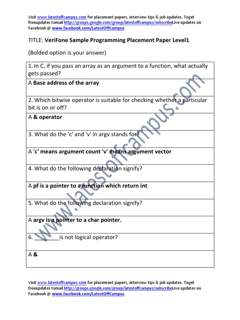 Verifone Sample Programming Placement Paper Level1 Pdf C Programming Language Pointer