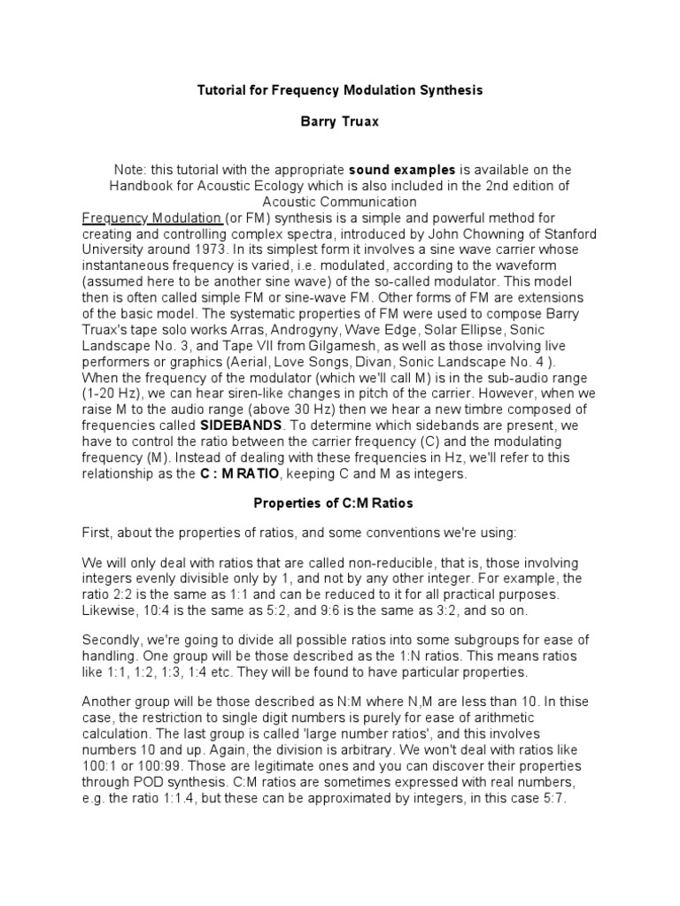 Tutorial For Frequency Modulation Synthesis Barry Truax | PDF ...