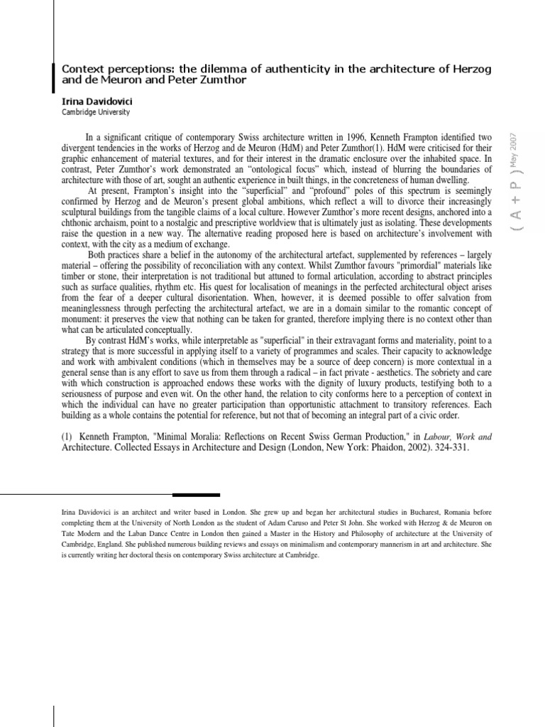 Irina Davidovici - The Dilemma of Authenticity Brief | PDF ...