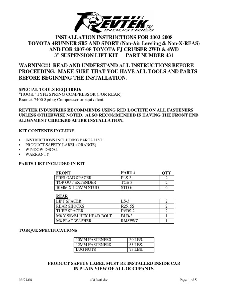 RevTek Lift Kit | PDF | Suspension (Vehicle) | Implied Warranty