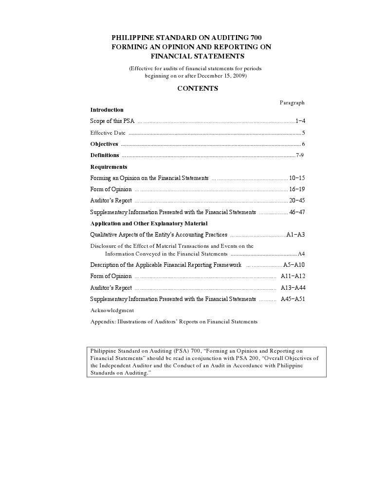 Philippine Standard On Auditing 700 Forming An Opinion and Reporting On Financial Statements ...