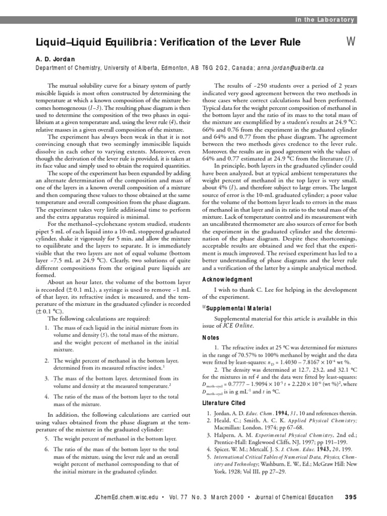 Liquid-Liquid Equilibria: Verification of The Lever Rule: A. D. Jordan | PDF | Phase (Matter ...