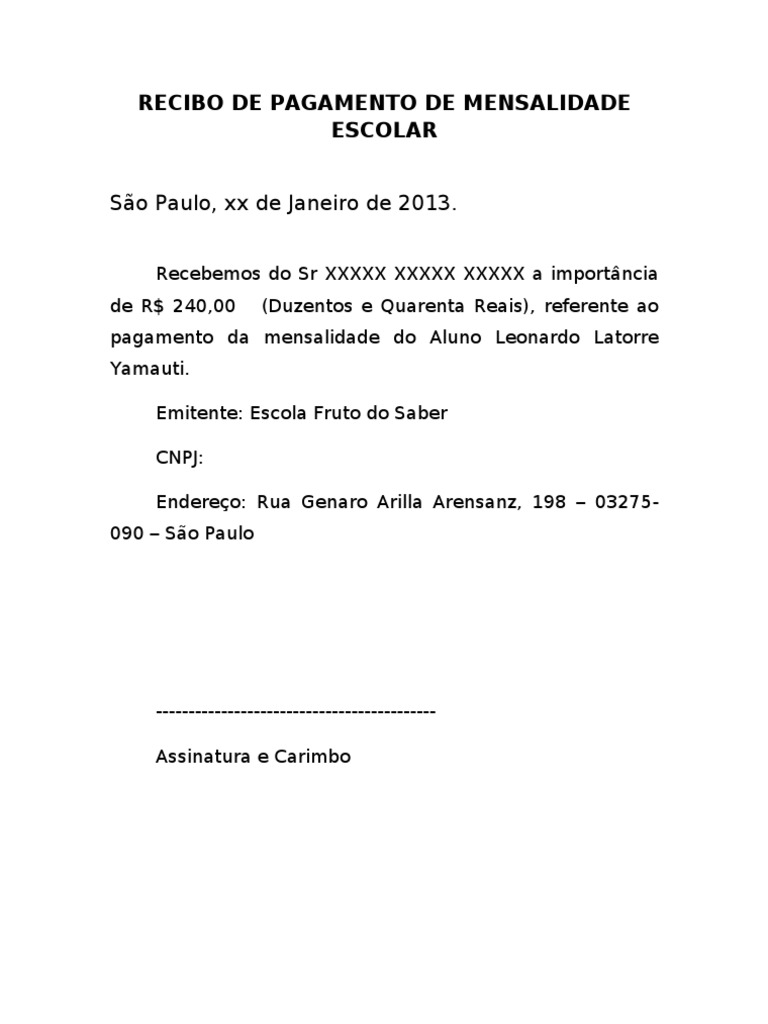 Recibo de Pagamento de Mensalidade Escolar | PDF