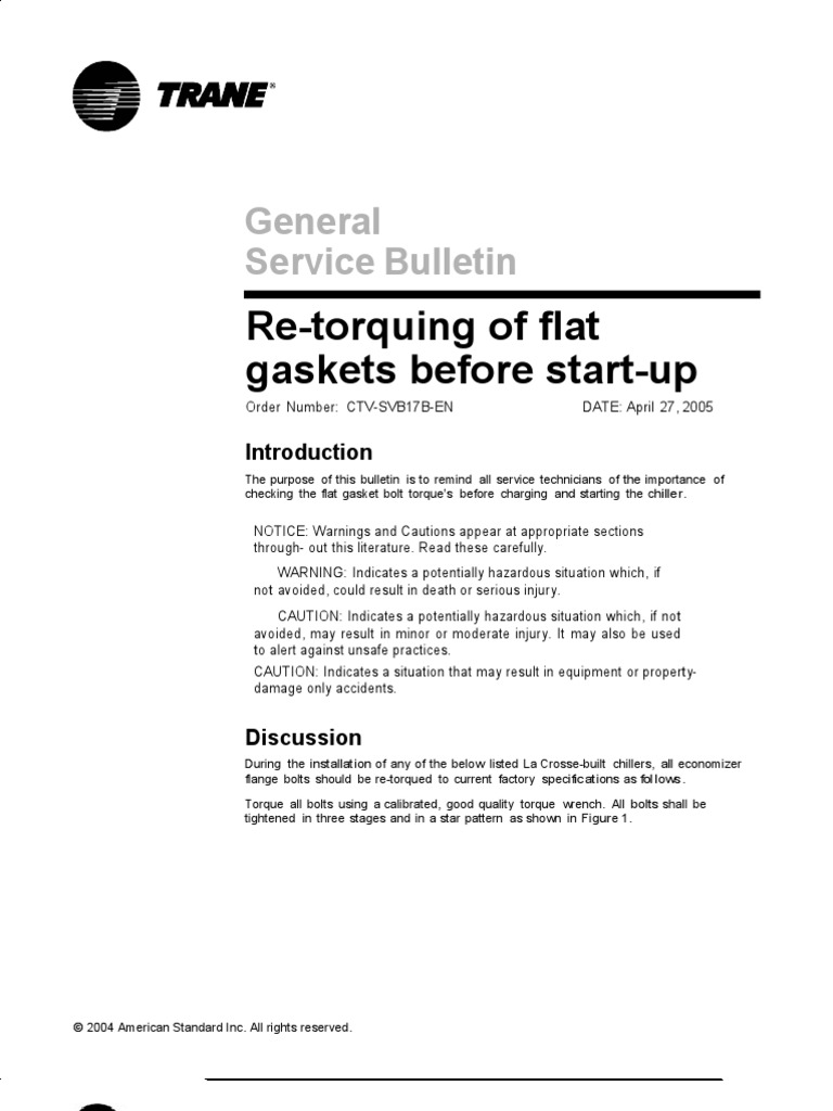 Trane Re-Torquing of Flat Gaskets Before Startup | PDF | Screw ...