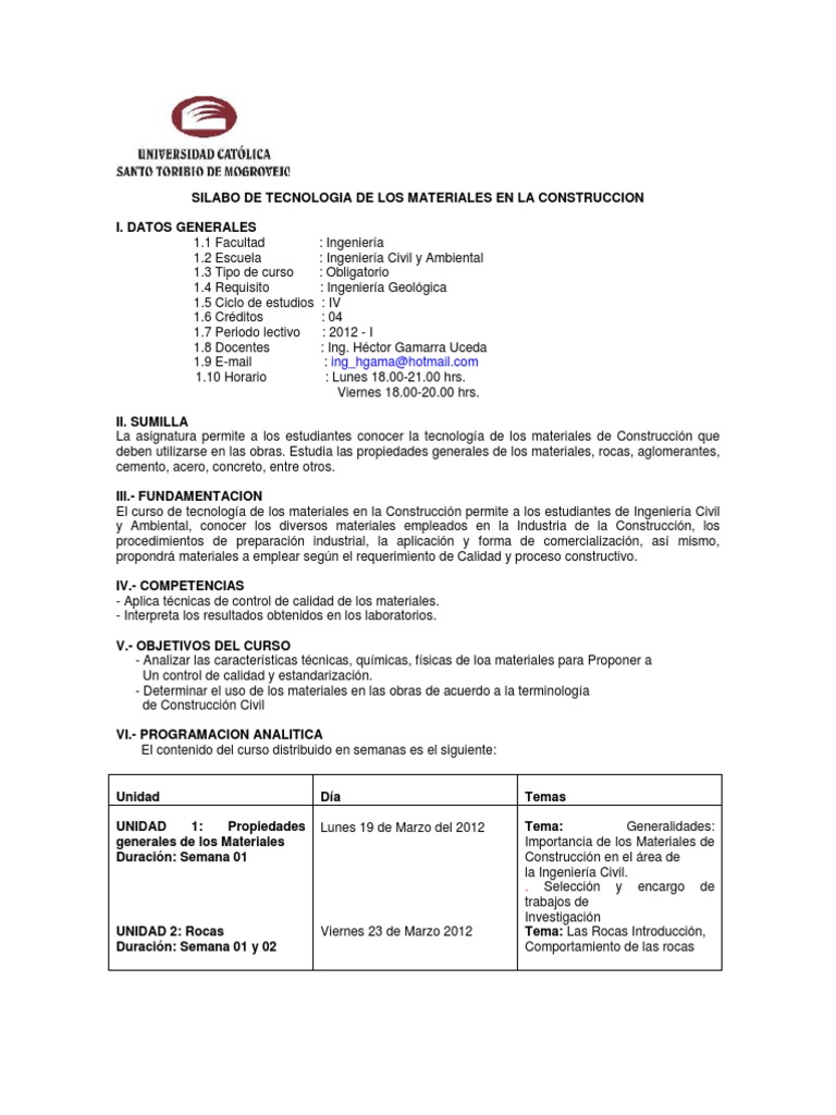 Silabo de Tecnologia de Los Materiales en La Construccion . | PDF | Hormigón | Ingeniería