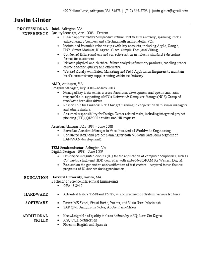 Quality Manager Resume Sample | PDF | Intel | Computer Data Storage