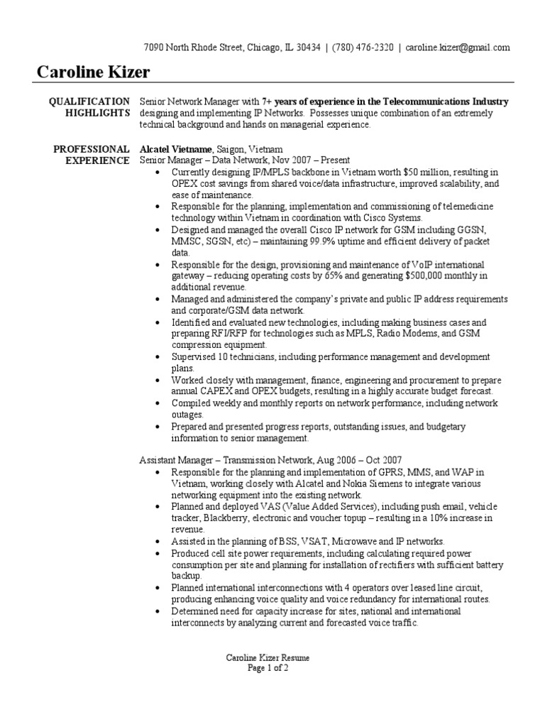 Telecommunications Manager Resume Sample | PDF | Juniper Networks ...